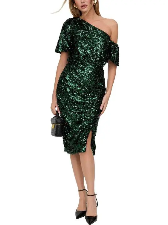 LILY AND LIONEL Nola Asymmetric Sequin Midi Dress - Green