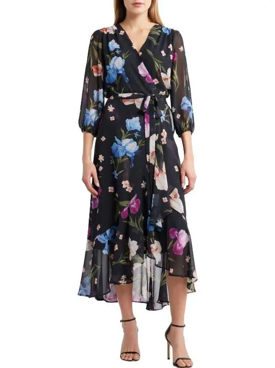Sam Edelman Floral Faux Wrap High-low Dress - Navy/pink