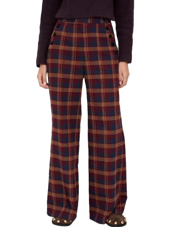 LILY AND LIONEL High Waisted Tartan Print Trousers - Burgundy