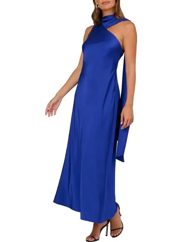 Adrianna Papell Scarf Detail Stretch Satin Gown - Royal Sapphire