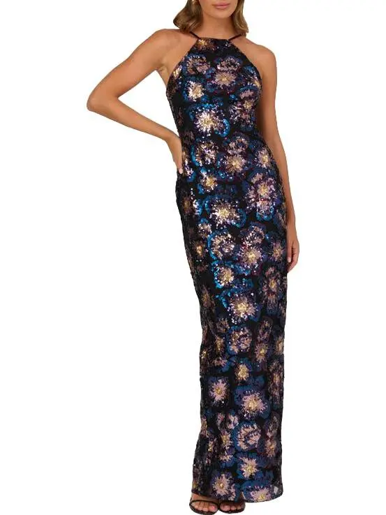 Adrianna Papell Sequin Floral Column Gown - Blue Multi