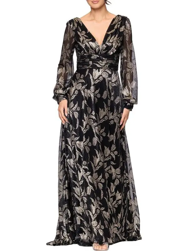 Betsy & Adam Metallic Floral Long Sleeve Crinkle Mesh Gown - Black/gold