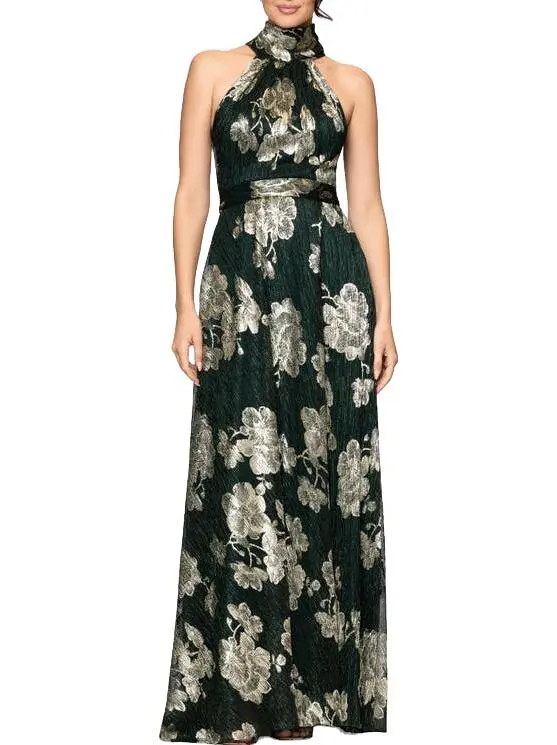 Betsy & Adam Crinkle Metallic Floral Gown - Hunter/gold