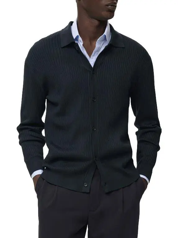 Mango Ribbed Button-front Cardigan - Navy
