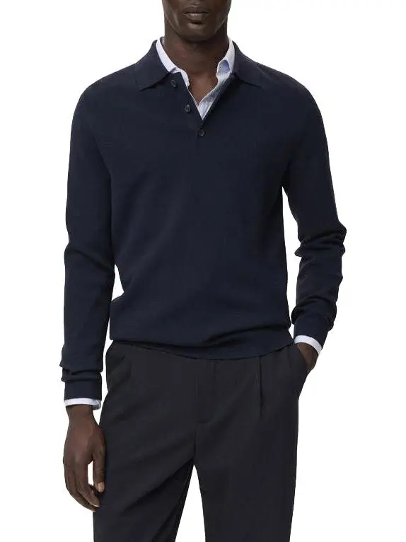 Mango Long Sleeve Piqué Polo - Navy