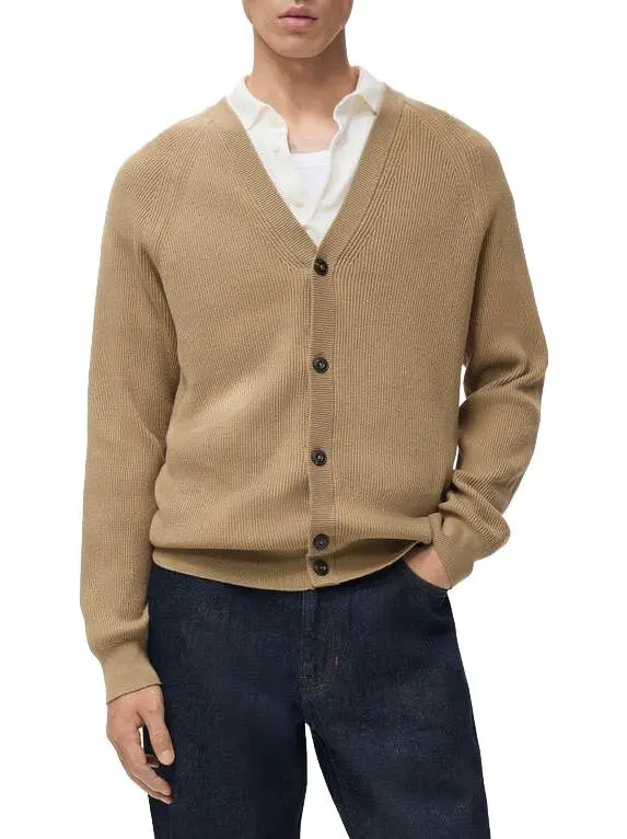 Mango Ribbed Cotton Blend Cardigan - Beige
