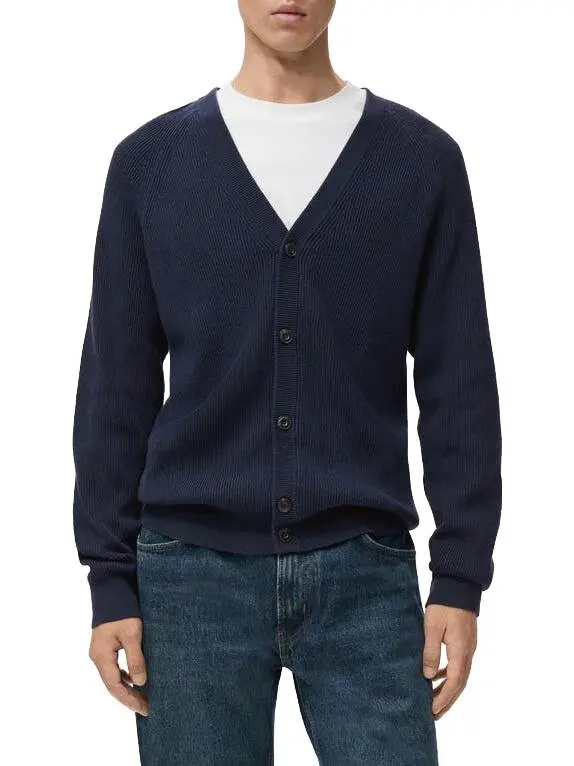 Mango Ribbed Cotton Blend Cardigan - Navy