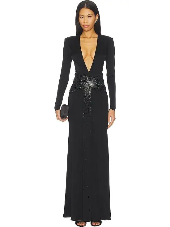 THE NEW ARRIVALS ILKYAZ OZEL Crystal Embellished Maxi Dress - Magie Noire