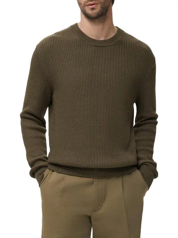 Mango Fine Rib Knit Cotton Crewneck Sweater - Olive Green