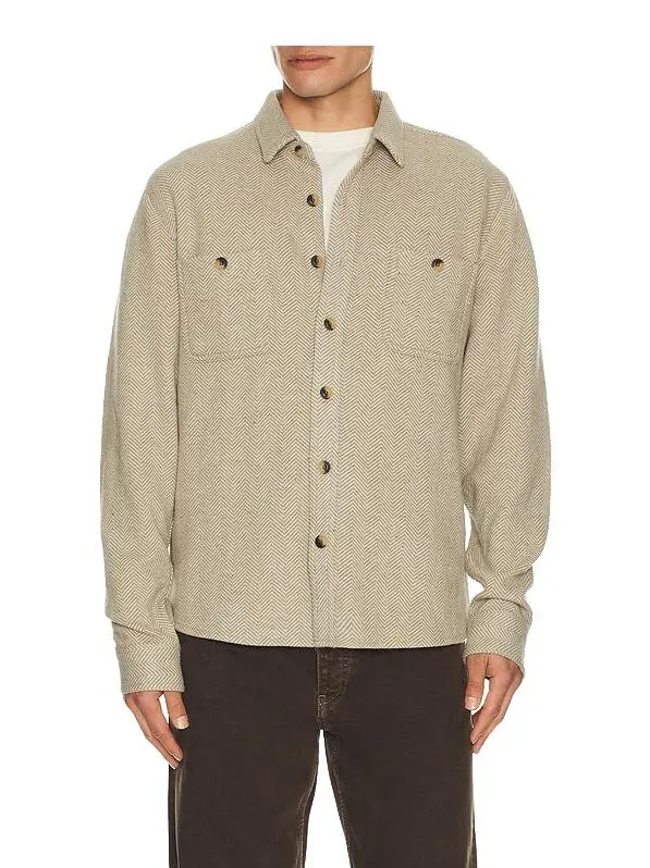 Marine Layer Pacifica Stretch Twill Overshirt In Brown - Taupe Herringbone