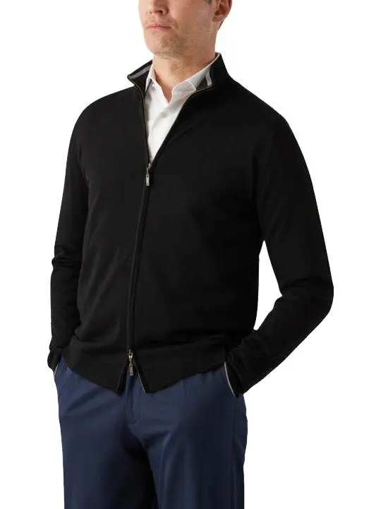 Robert Talbott Dalton Full Zip Merino Wool Sweater - Black W/gray Tipping