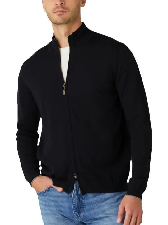 Robert Talbott Dalton Full Zip Merino Wool Sweater - Navy W/gray Tipping