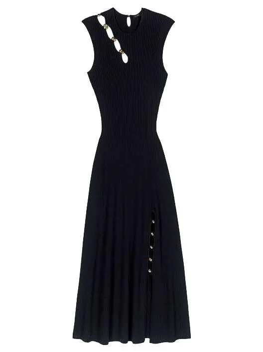 Maje Rib Knit Cutaway Midi Dress - Black