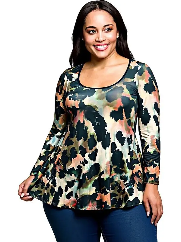 24SEVEN COMFORT APPAREL Printed Long Sleeve A-line Top - Green Multi