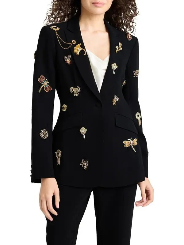 Cinq À Sept Beaded Brooches Crepe Jacket - Black