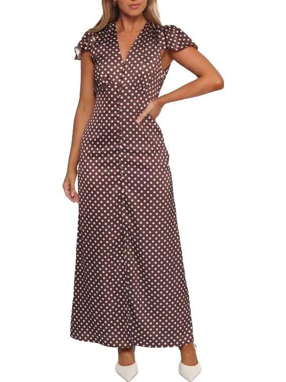 PETAL & PUP Polka Dot Satin Maxi Dress - Brown Polka Dot
