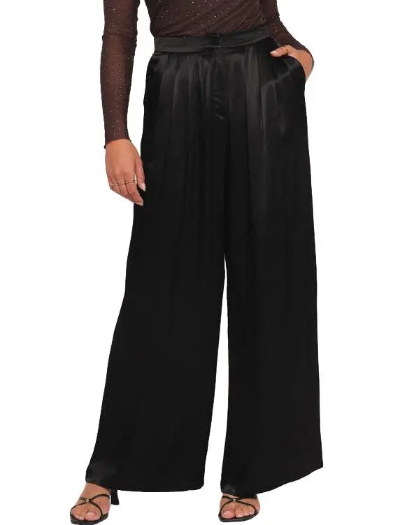 PETAL & PUP Joyce Pleated Satin Wide Leg Pants - Black