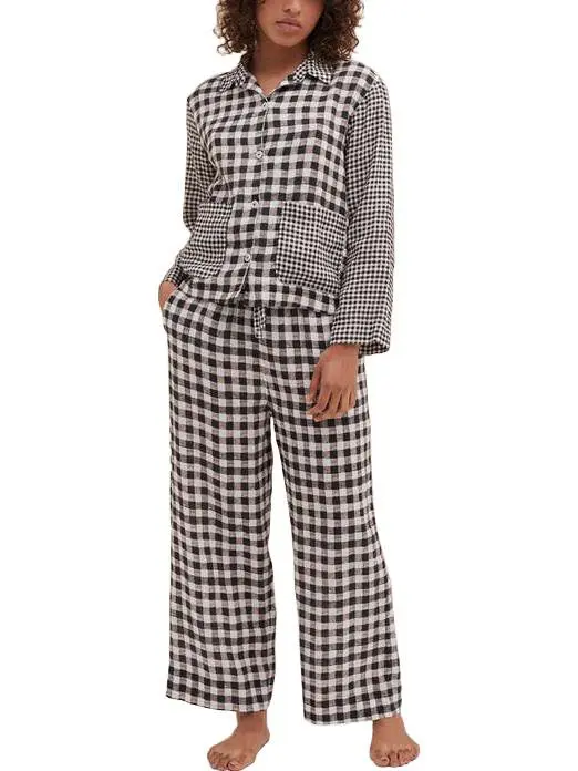 Desmond & Dempsey Pajama Pocket Set - Gingham Linen Black/white