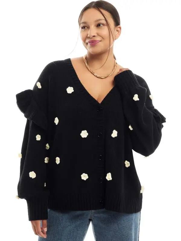 JUNE + VIE Ruffle-sleeve Polka Dot Cardigan - Black Onyx