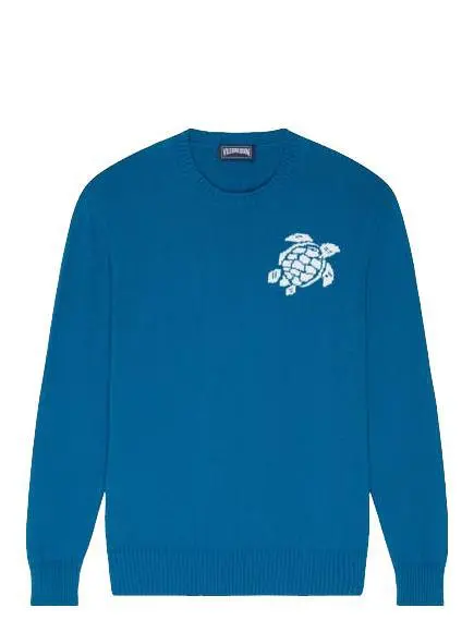 Vilebrequin Crewneck Cotton Cashmere Sweater With Jacquard Turtle - Peacock