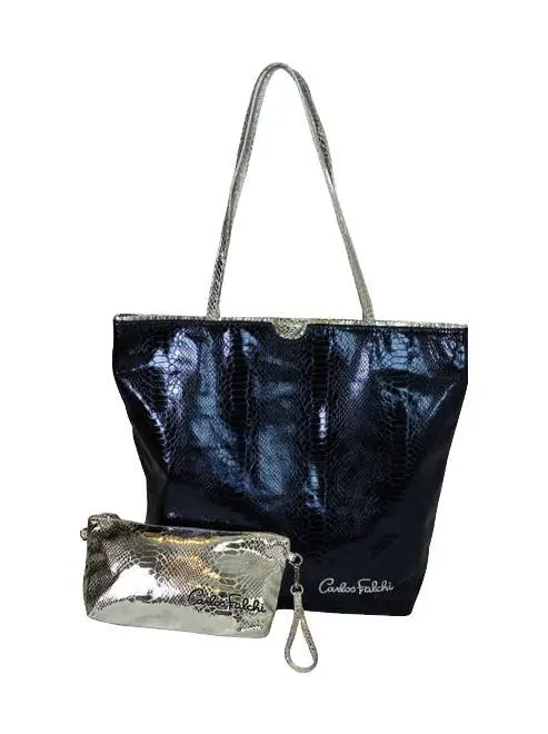 Carlos Falchi Vegan Python Large Tote With Convertible Pouch - Navy
