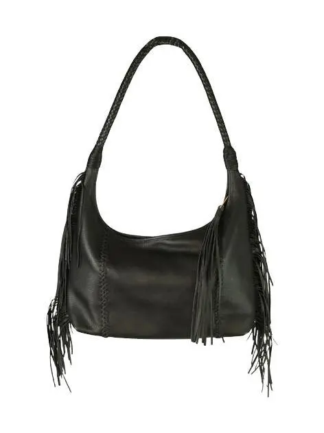 Carlos Falchi Large Fringe Top Grain Leather Hobo Shoulder Bag - Black Obsidian