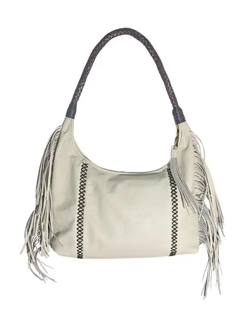 Carlos Falchi Large Fringe Top Grain Leather Hobo Shoulder Bag - Winter White