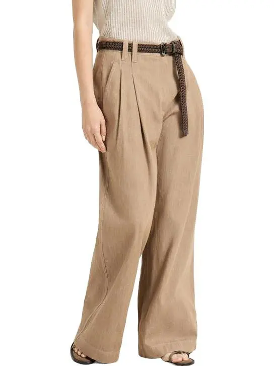 Brunello Cucinelli Wide Leg Cotton Twill Trousers - Desert