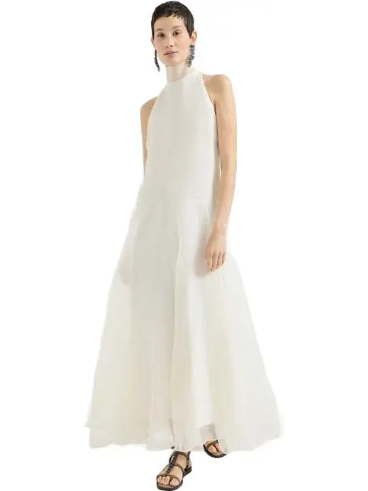 Brunello Cucinelli Crispy Silk Dress With Monili - Butter