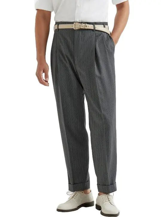 Brunello Cucinelli Virgin Wool Striped Trousers - Dark Grey