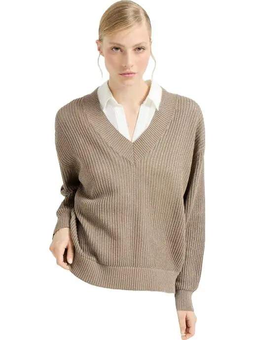 Brunello Cucinelli Ribbed Net V-neck Sweater - Walnut