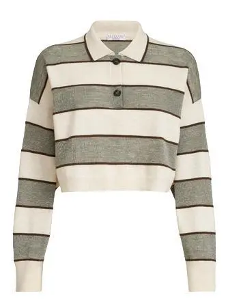 Brunello Cucinelli Cropped Knit Polo With Sparkling Stripes - Sage