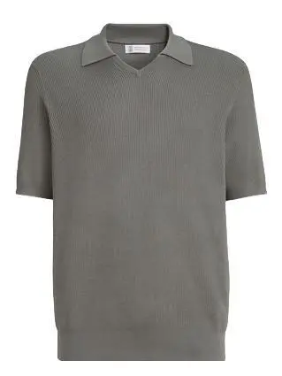 Brunello Cucinelli Cotton English Rib Knit Polo - Khaki