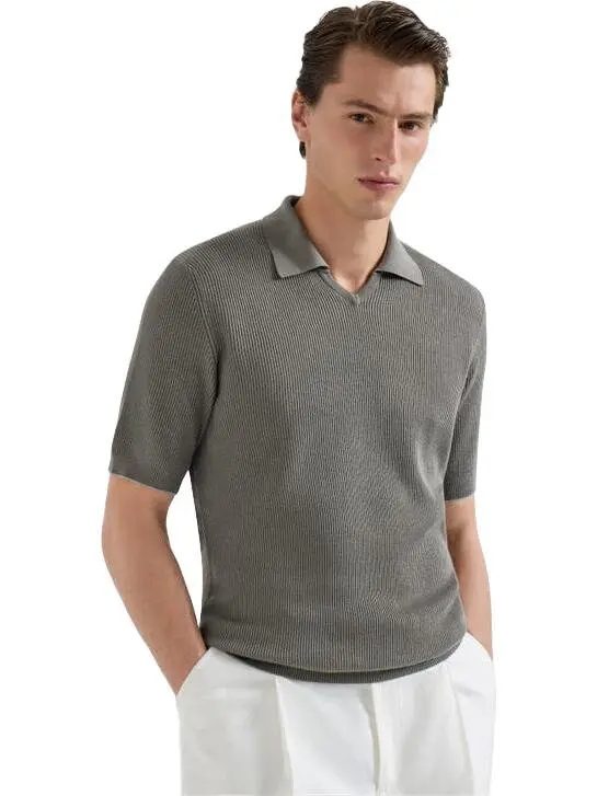 Brunello Cucinelli Cotton English Rib Knit Polo - Khaki
