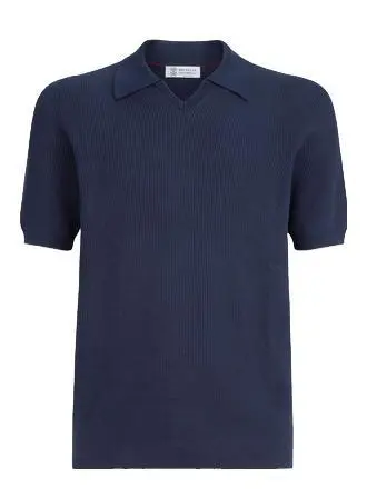 Brunello Cucinelli Cotton English Rib Knit Polo - Navy Blue