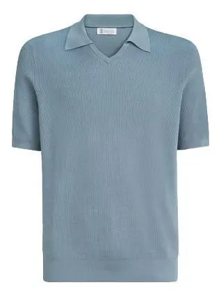 Brunello Cucinelli Cotton English Rib Knit Polo - Sky Blue