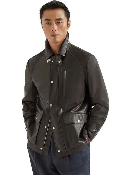 Brunello Cucinelli Calfskin Leather Field Jacket - Chocolate