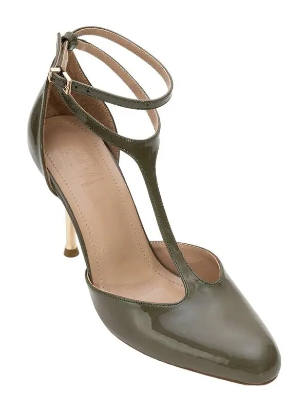 PROLOGUE SHOES Jon T-strap Pumps - Khaki Patent