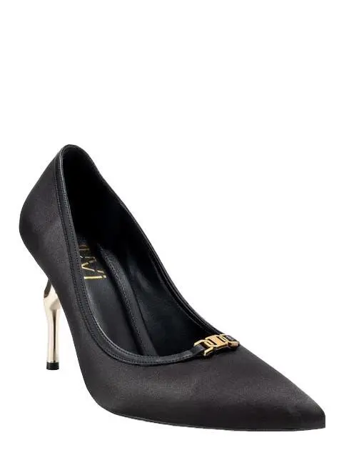 PROLOGUE SHOES Milos Buckle Pointed Toe Pump - Black Satin