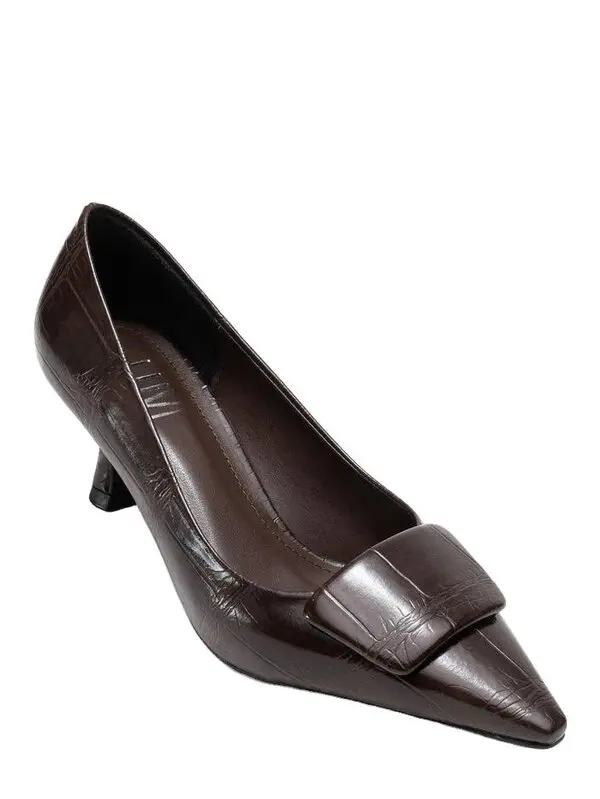 PROLOGUE SHOES Marcia Buckle Pointed Toe Pumps - Brown Printed