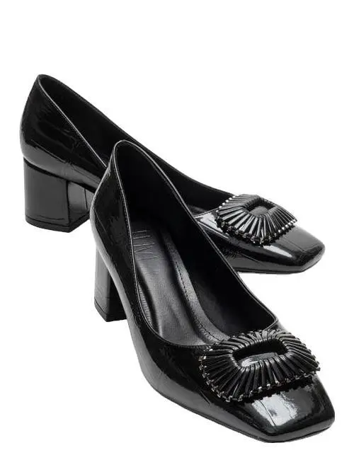 PROLOGUE SHOES Velora Buckle Square Toe Block Heel Pumps - Black Print