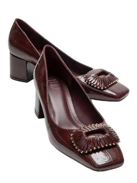 PROLOGUE SHOES Velora Buckle Square Toe Block Heel Pumps - Burgundy Print