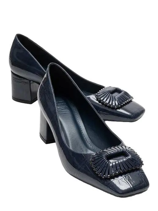 PROLOGUE SHOES Velora Buckle Square Toe Block Heel Pumps - Navy Print