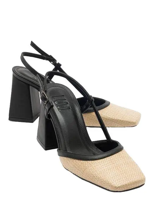 PROLOGUE SHOES Rivie Raffia Square Toe Block Heel Pumps - Black