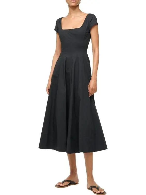 Staud Wells Stretch Cotton Fit & Flare Midi Dress - Black
