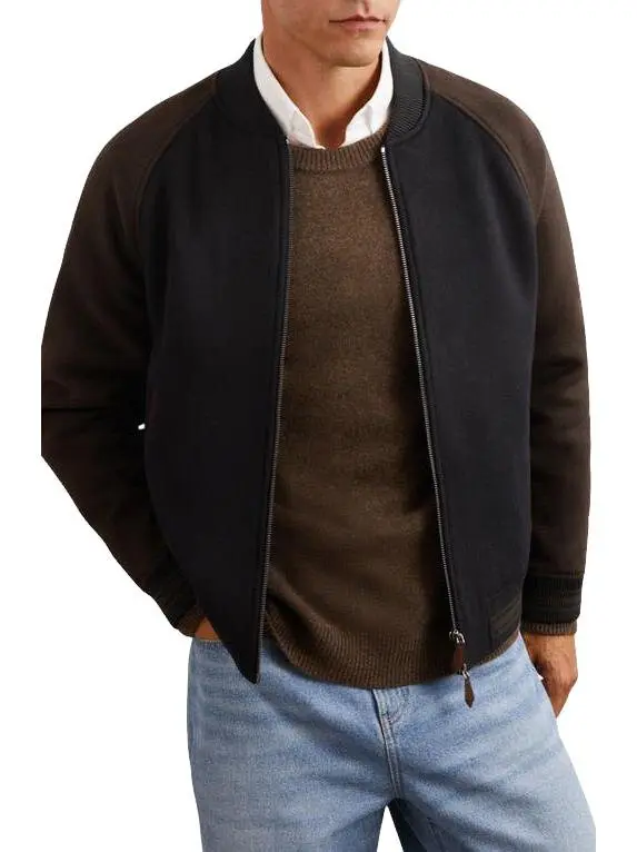 REISS Rylan Wool Blend Varsity Jacket - Navy/brown