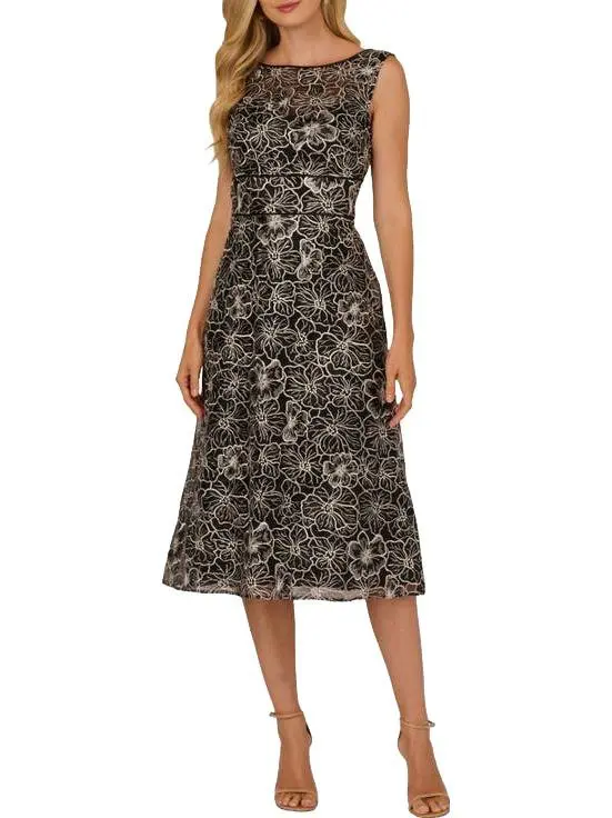 Adrianna Papell Floral Embroidery Cocktail Midi Dress - Black/ivory