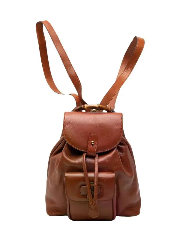 Gucci 20th Century Leather Bamboo Drawstring Backpack - Brown