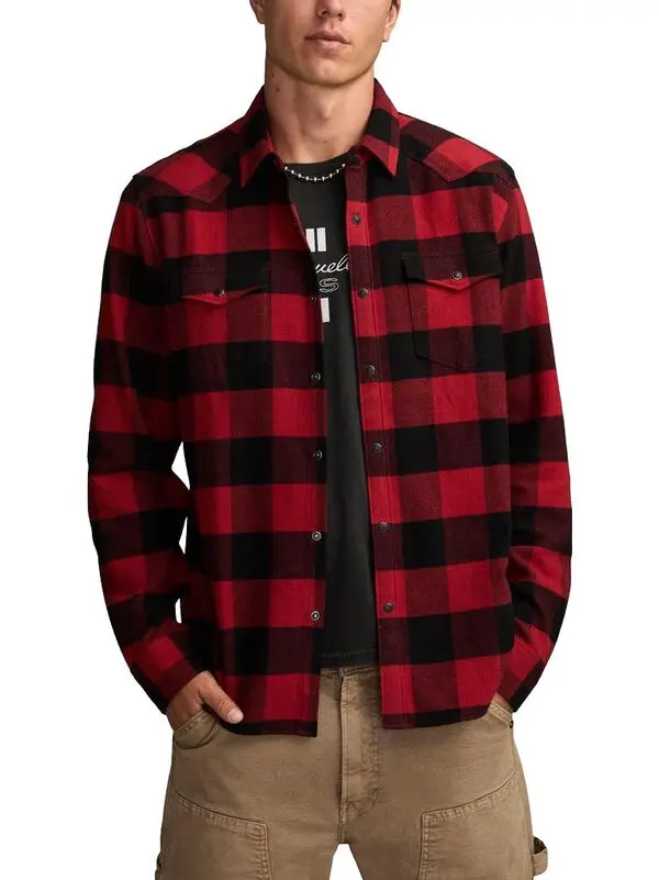 Lucky Brand Cloud Buffalo Check Cotton Flannel Snap-up Western Shirt - Red Multi