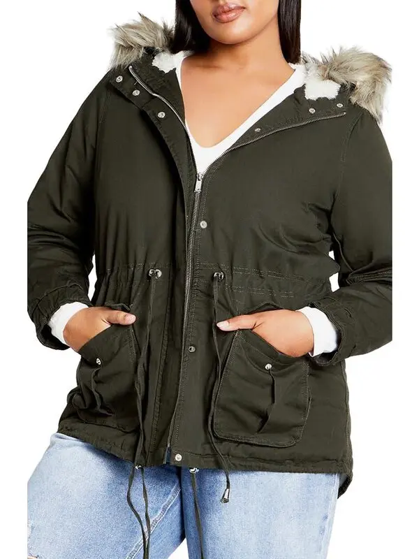 City Chic Explorer Parka With Faux Shearling Lining - Khaki